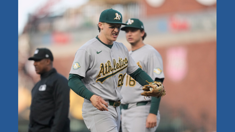 Athletics' Zack Gelof loses hit streak at 24 games after getting spiked ...