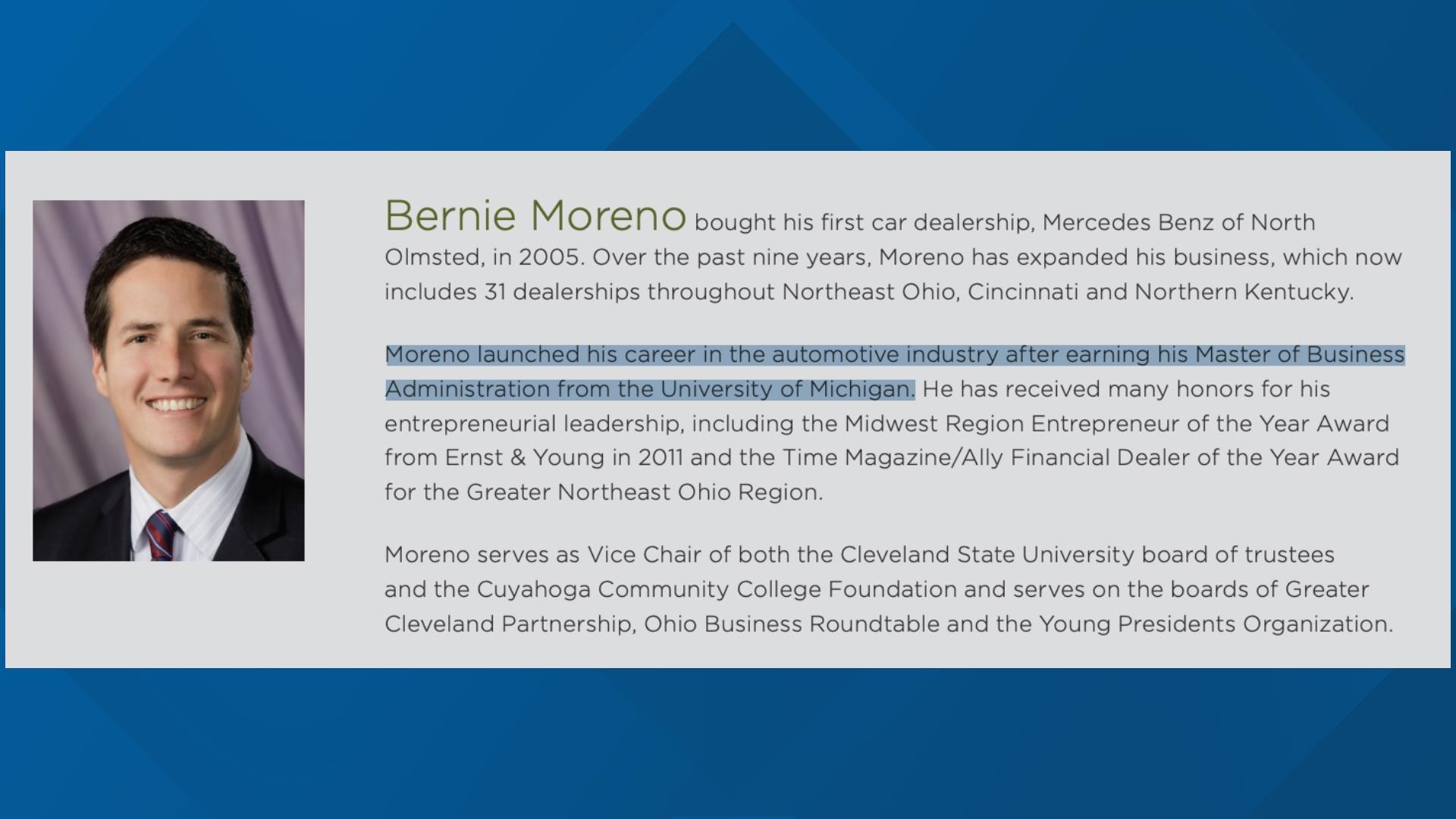 Ohio US Senate candidate Bernie Moreno doesn't hold an MBA | wtol.com