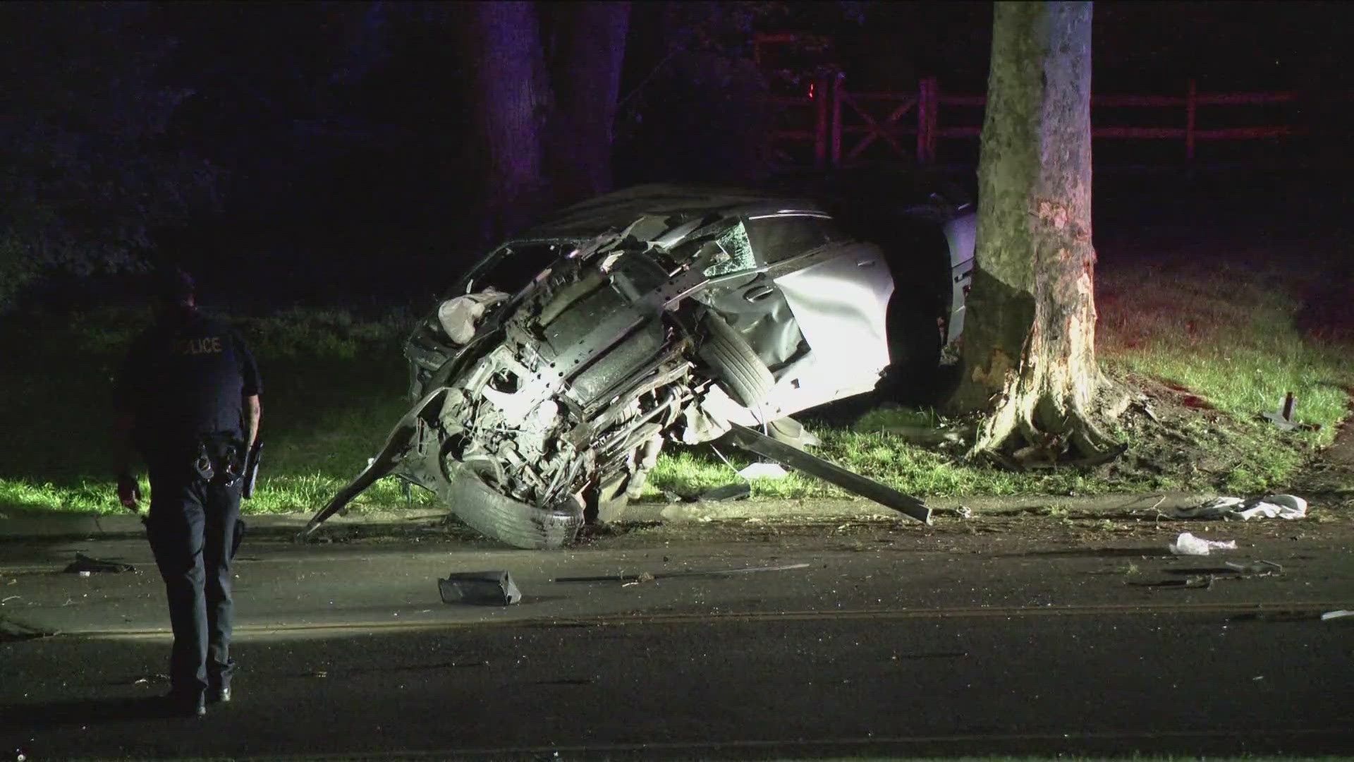 Person's car splits in half after crashing into tree in Ottawa Hills ...